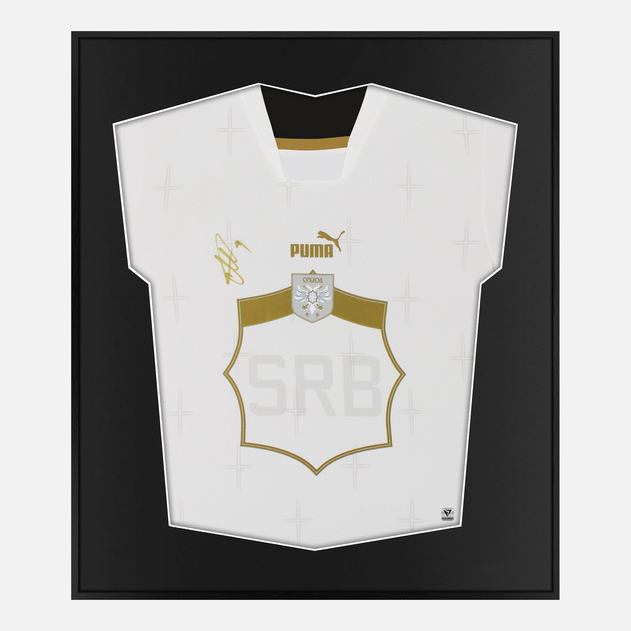 Framed Mitrović Signed Serbia Shirt, White/Gold Away [Lite]