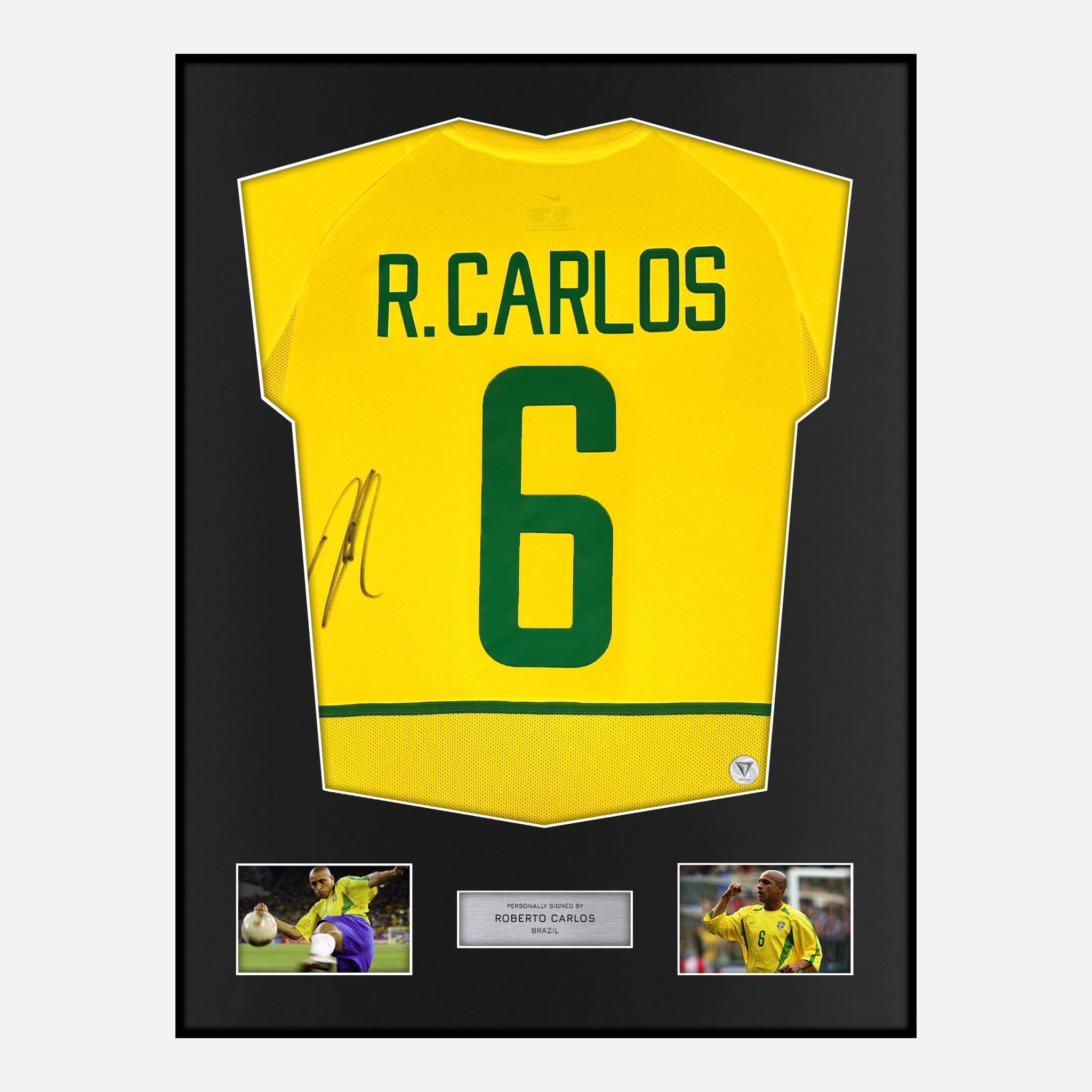 Framed Roberto Carlos Signed Brazil Shirt 2002-04 Home [Classic]