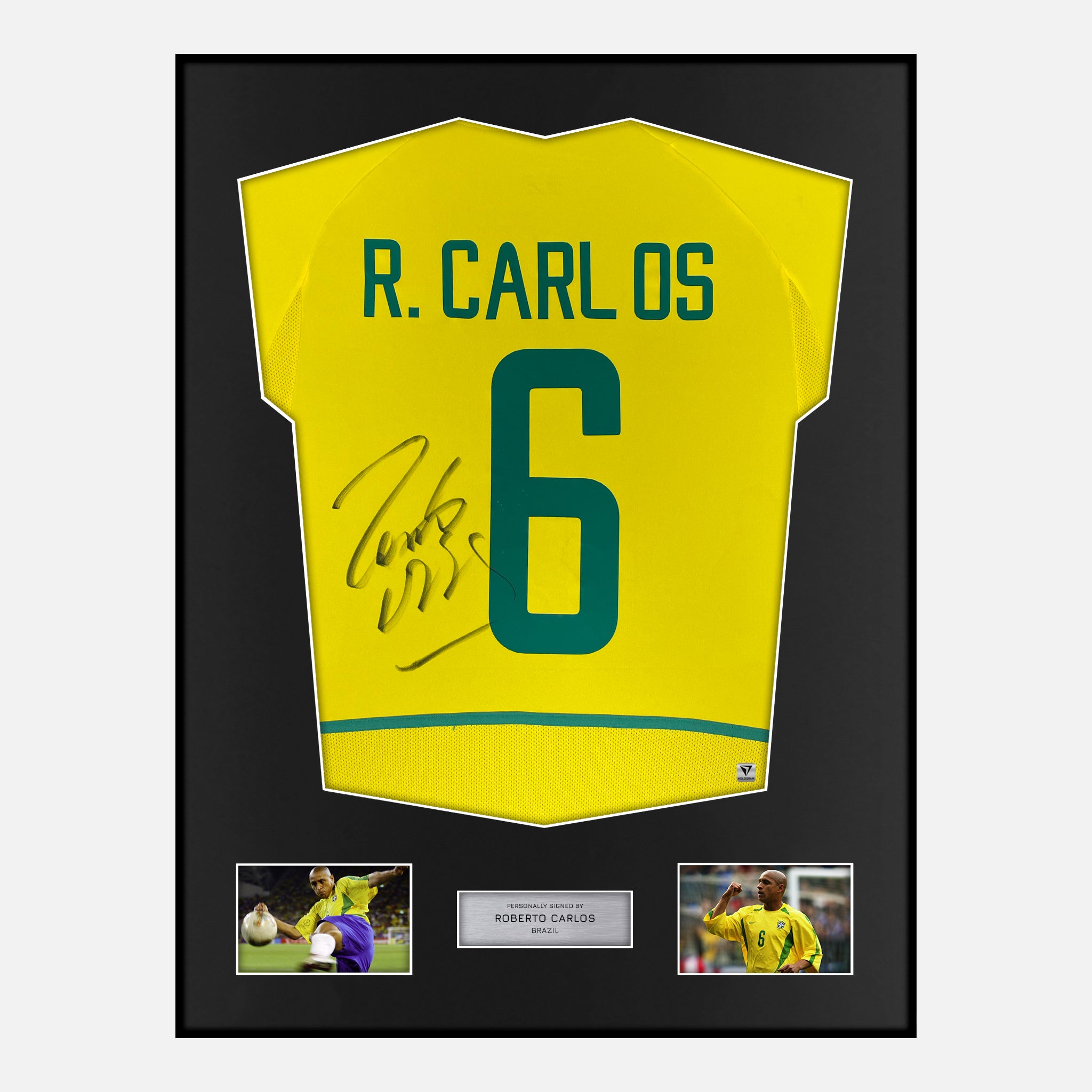 Framed Roberto Carlos Signed Brazil Shirt 2002-04 Home [Modern] | The Vault