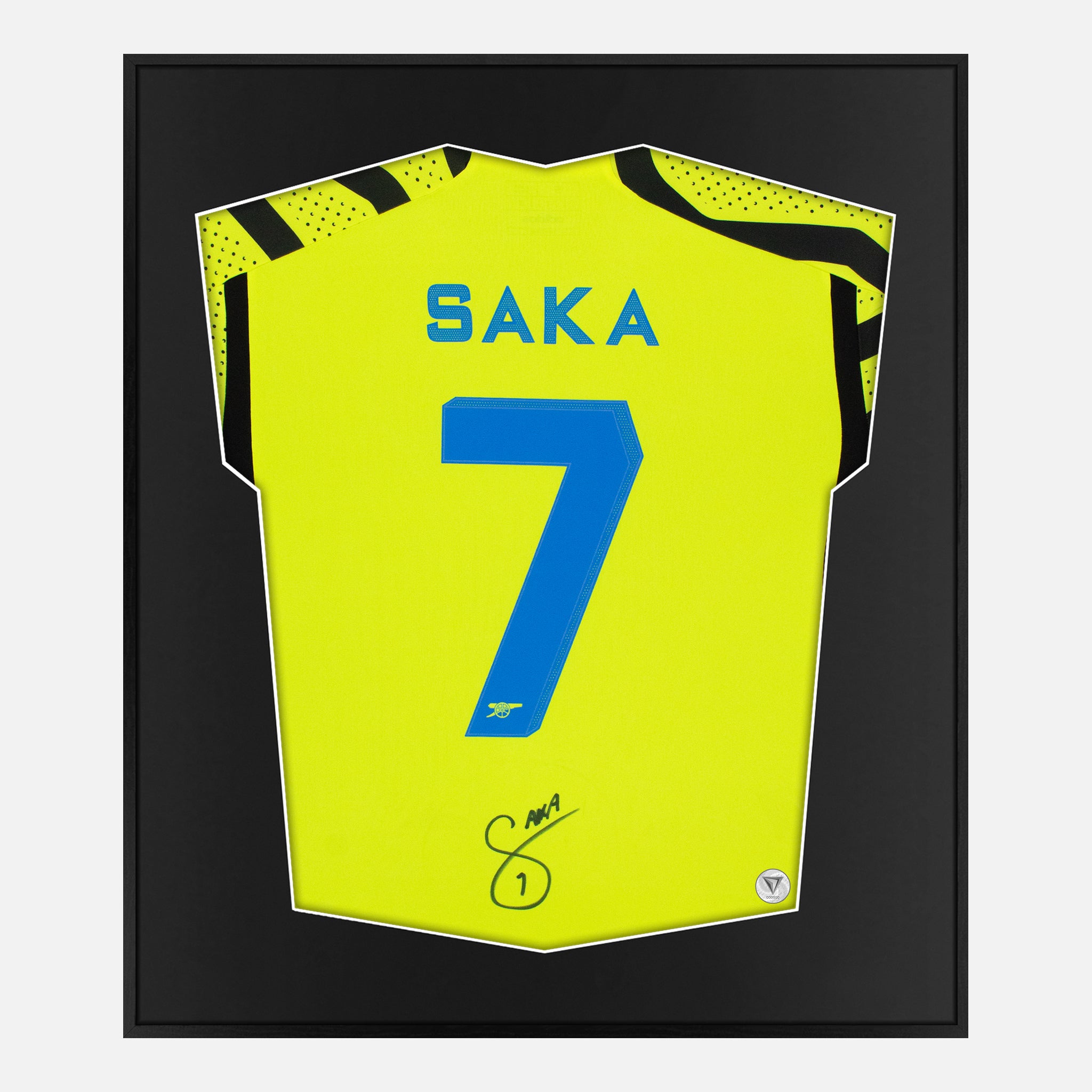 Framed Saka Signed Arsenal Shirt, Neon Yellow Away [Lite]