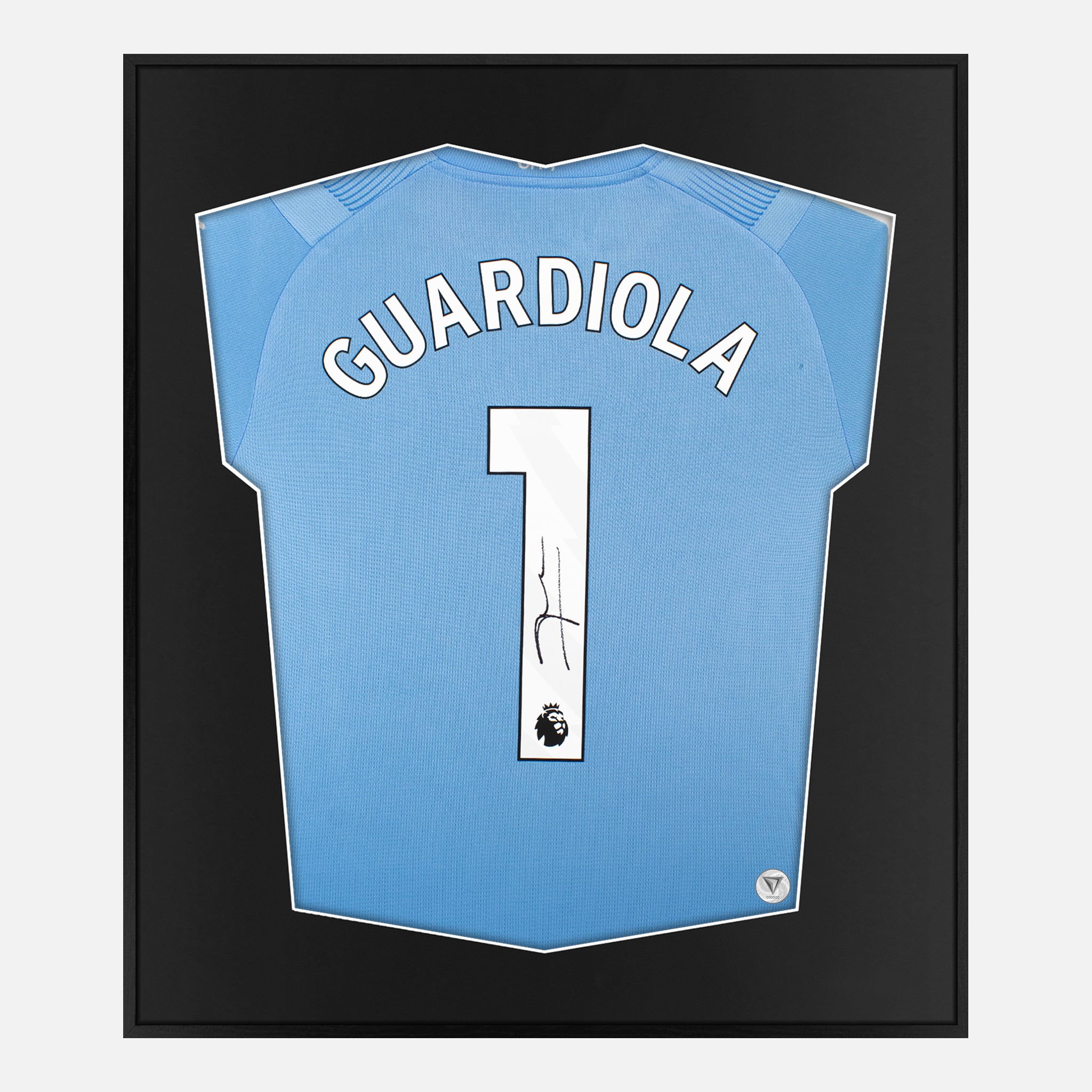 Framed Guardiola Signed Manchester City Shirt, Number 1 [Lite]