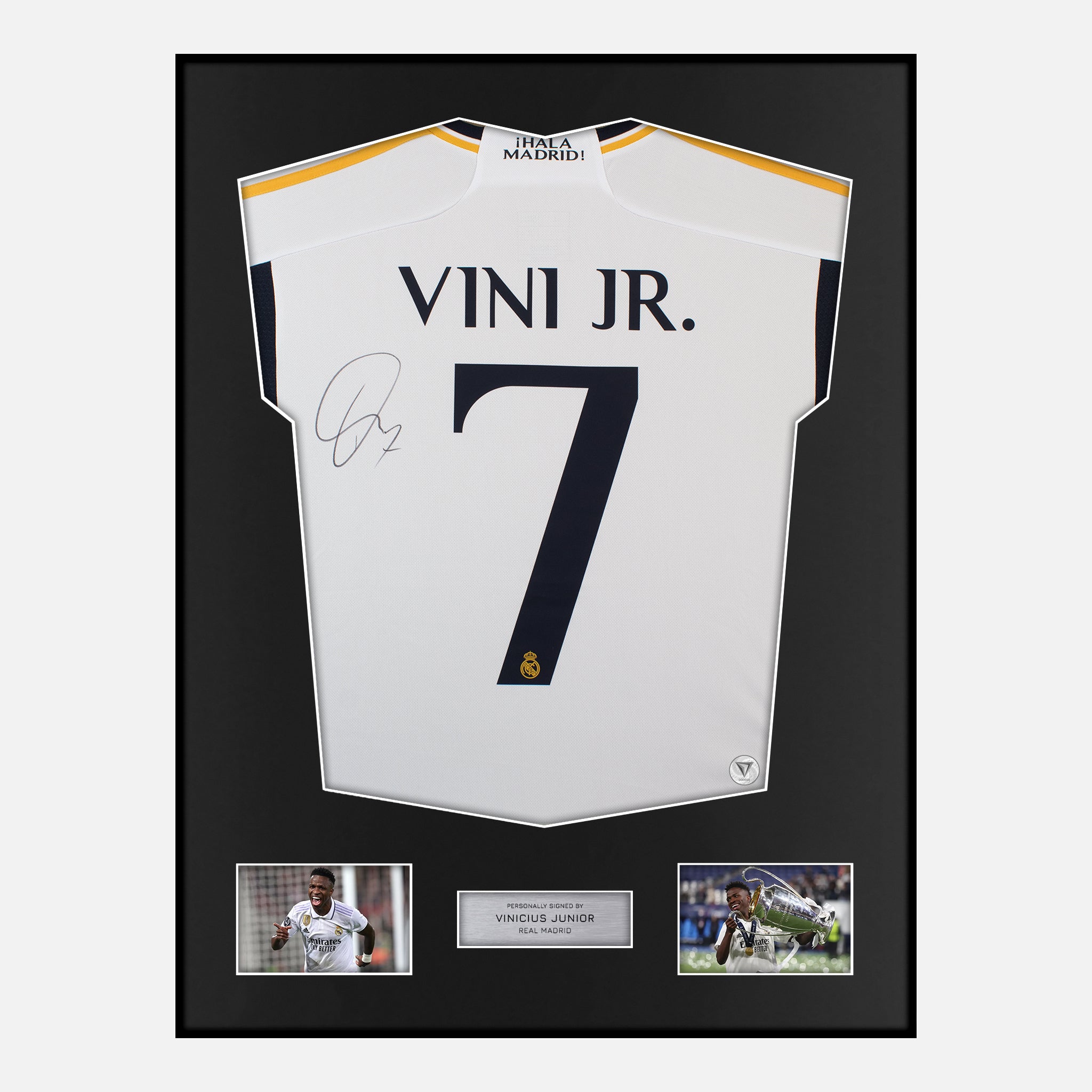 Framed Vinicius Junior Signed Real Madrid Shirt 2023-24 Home [Classic]